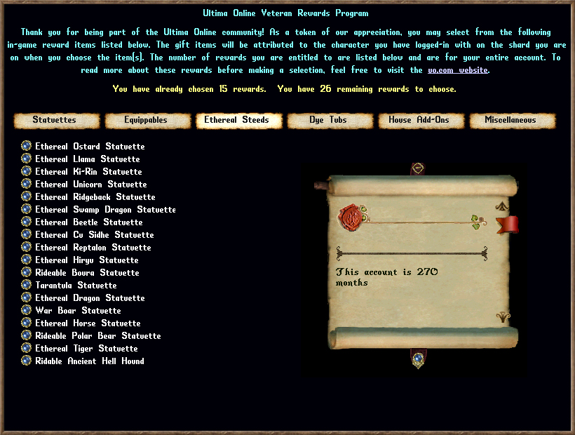 UO Veteran account: 270 Month, 26 unclaimed rewards - UOWTS.COM